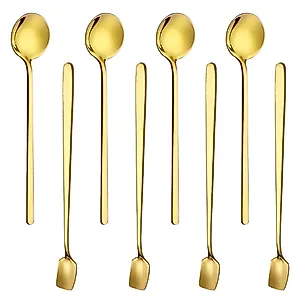 ACKLLR 8 Pack Gold Plated Stainless Steel Espresso Spoons and Long Handle Stirring Spoon, Mini Teaspoon Set for Coffee Sugar Dessert Cake Ice Cream Soup Antipasto Cappuccino Cocktail, 5.1/5.9 Inch
