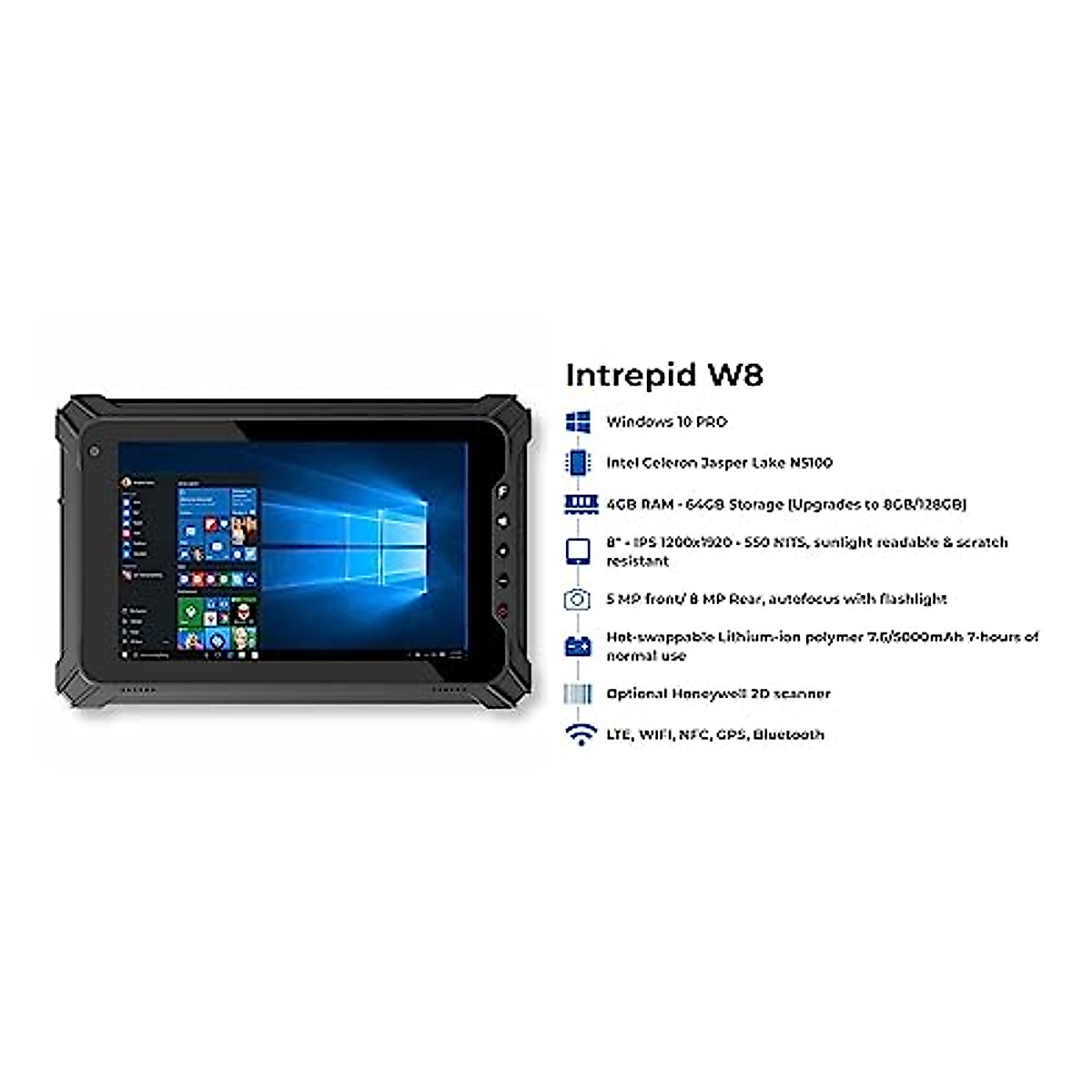 Minno Intrepid Rugged Windows Tablet with 2D Scanner (8 Inch)