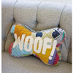 MY SWANKY HOME Woof Dog Bone Shape Kantha Throw Pillow Soft Patchwork Multicolor Boho Colorful