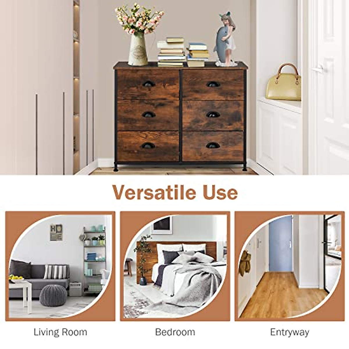 Giantex 6 Drawer Dresser for Bedroom, Chest of Drawers with Wood Top, Sturdy Steel Frame, Anti-toppling Kit, Retro Storage Cabinet with Removable Drawers for Living Room, Closet, Nursery