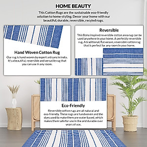 Asraie Eco Friendly Hand Woven & Reversible Cotton Stripe Rag Rug 100% Recycled Cotton Area Rug for Living Room Kitchen Entryway 2x3' (Steel Blue & White)