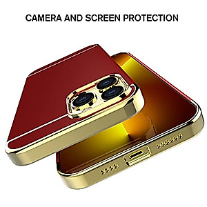 RORSOU iPhone 13 Pro Max Case, 3 in 1 Ultra Thin and Slim Hard Case Coated Non Slip Matte Surface with Electroplate Frame for Apple iPhone 13 Pro Max (6.7")(2020) - Red and Gold