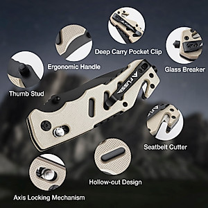FLISSA Folding Pocket Knife with Clip, Glass Breaker and Seatbelt Cutter, Survival Knife for Emergency Rescue Situations, EDC Knife for Tactical, Hunting, Camping, Outdoor, Unique Gifts for Dad, Father