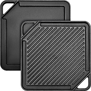 GGC Cast Iron Reversible Griddle, 2-In-1 Griddle Pan for Gas Grills and Stove Tops, 10 x 10 Square Baking Flat and Ribbed Griddle Plate