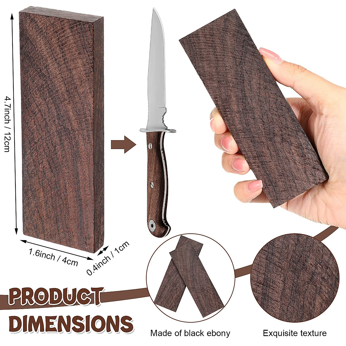 Sasylvia 4 Pcs Black Ebony Lumber Wood Timber Handle Plate Natural Wood Knife Handle Scales Knife Scales Lumber Blank for DIY Music Instruments Tools Crafts, 4.7'' x 1.6'' x 0.4''