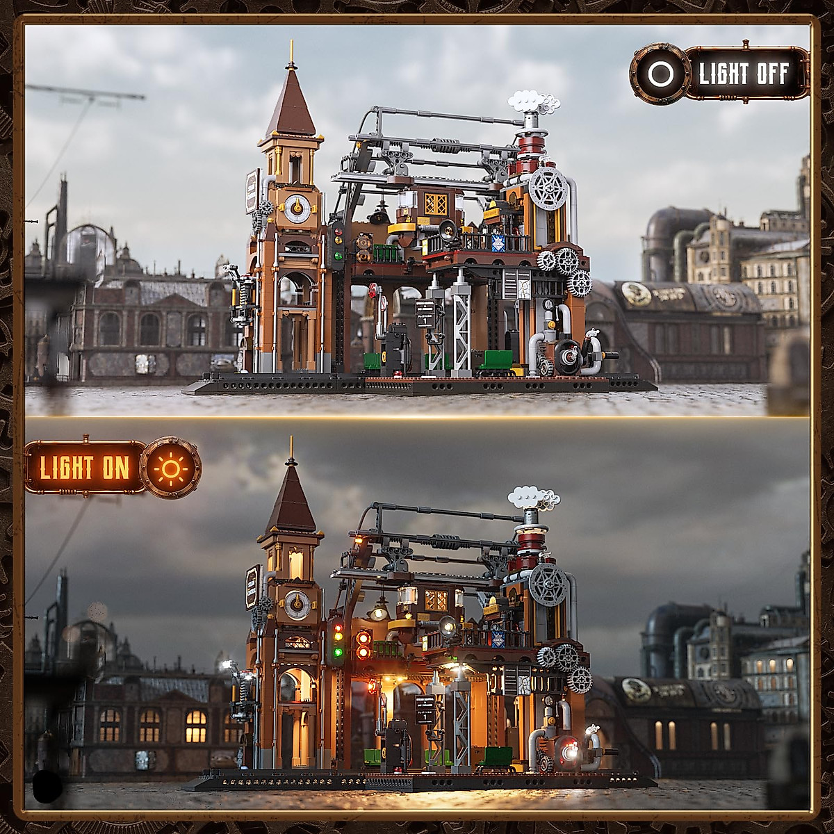 FUNWHOLE Train-Station Lighting Building Bricks Set - Steampunk LED Light Building Set 1843 Pieces for Adults and Teens