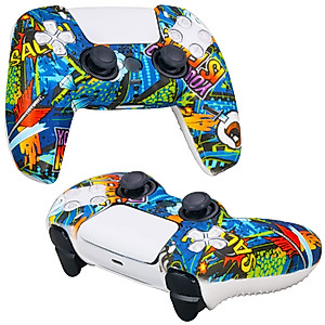YoRHa Water Transfer Printing Silicone Thickened Cover Skin Case for PS5 Controller x 1(Blue Graffiti) with Thumb Grips x 10