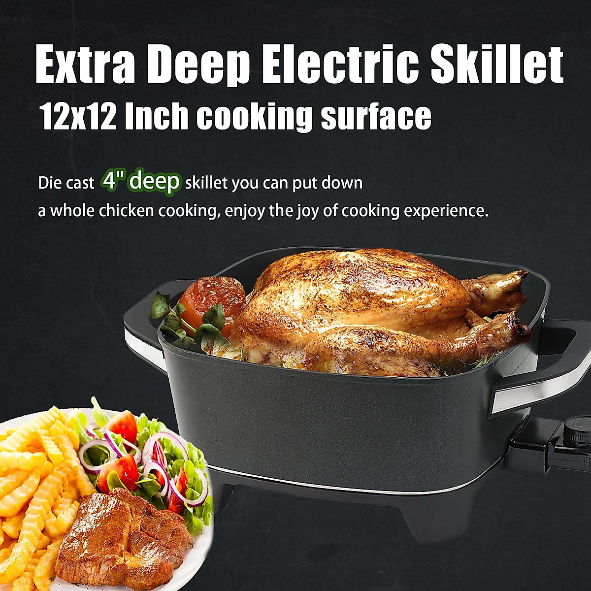 Extra Deep 4-inch Electric Skillet - 12inch Frying pan with Stay Cool Handles, Nonstick Coating, Temperature Control(Black)