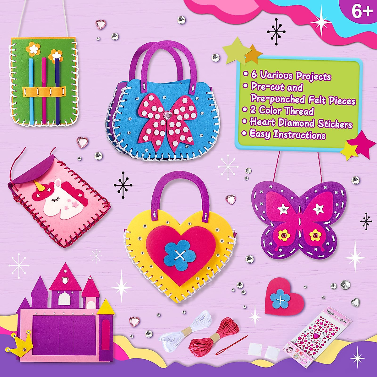 Toylink First Sewing Kit for Kids Beginners Arts Crafts for Girls Ages 4 5 6 7 8 Learn to Sew Unicorn Purse Bags Picture Frame Pen Holder DIY Felt Craft Kits Toddler Gifts