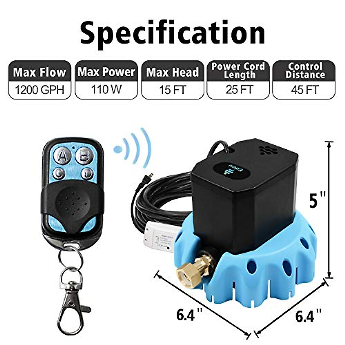 EDOU DIRECT Remote Control Pool Cover Pump | HEAVY DUTY | 1,200 GPH Max Flow | 75 W | Includes: 16' Drainage Hose & 3 Adapters | Ideal for draining water from above ground & inground pools Blue