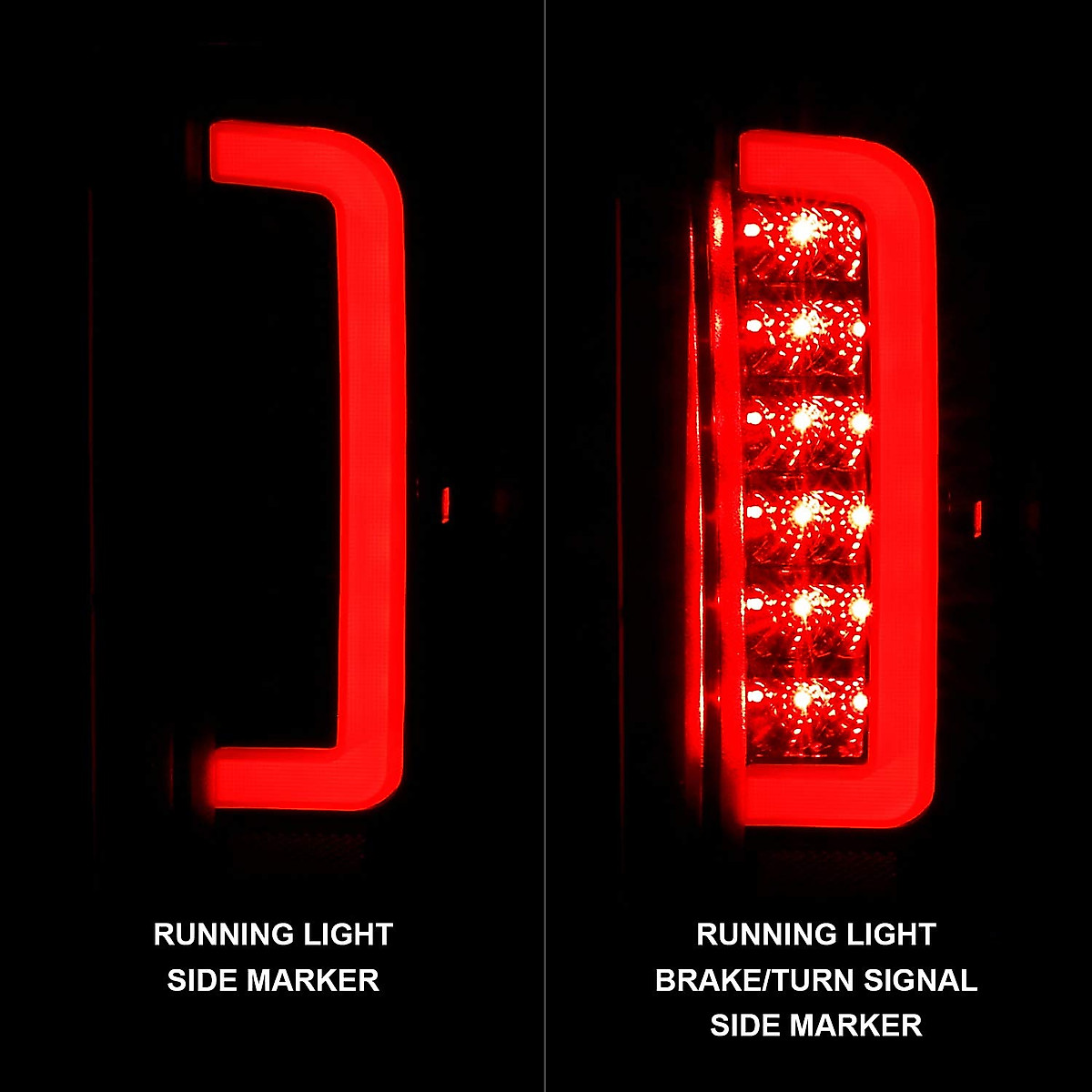 AmeriLite Truck 3D C-Type Halogen, Led, Tube Replacement Tail Light Set For 1989-1996 Ford F150 Bronco F250 F350- Passenger and Driver Side, Vehicle Light Assembly, Black