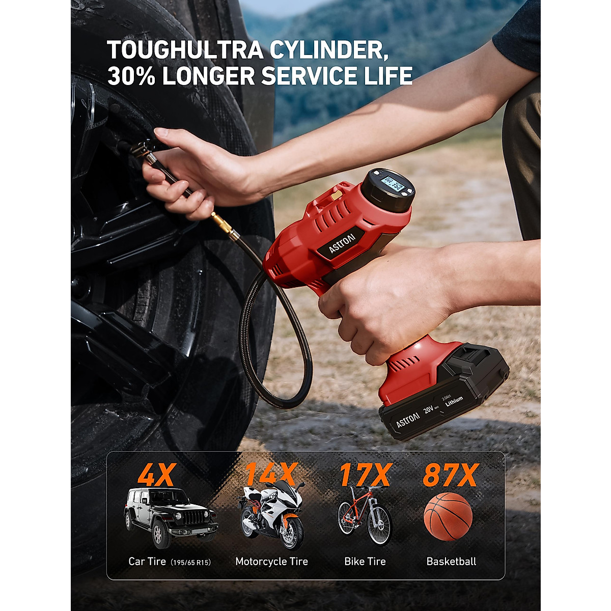 AstroAI Cordless Tire Inflator Air Compressor 20V Rechargeable Battery Powered 160PSI Portable Air Pump with 12V Car Power Adapter Digital Pressure Gauge for Cars Motorcycles JY16P160-18（C2）Red