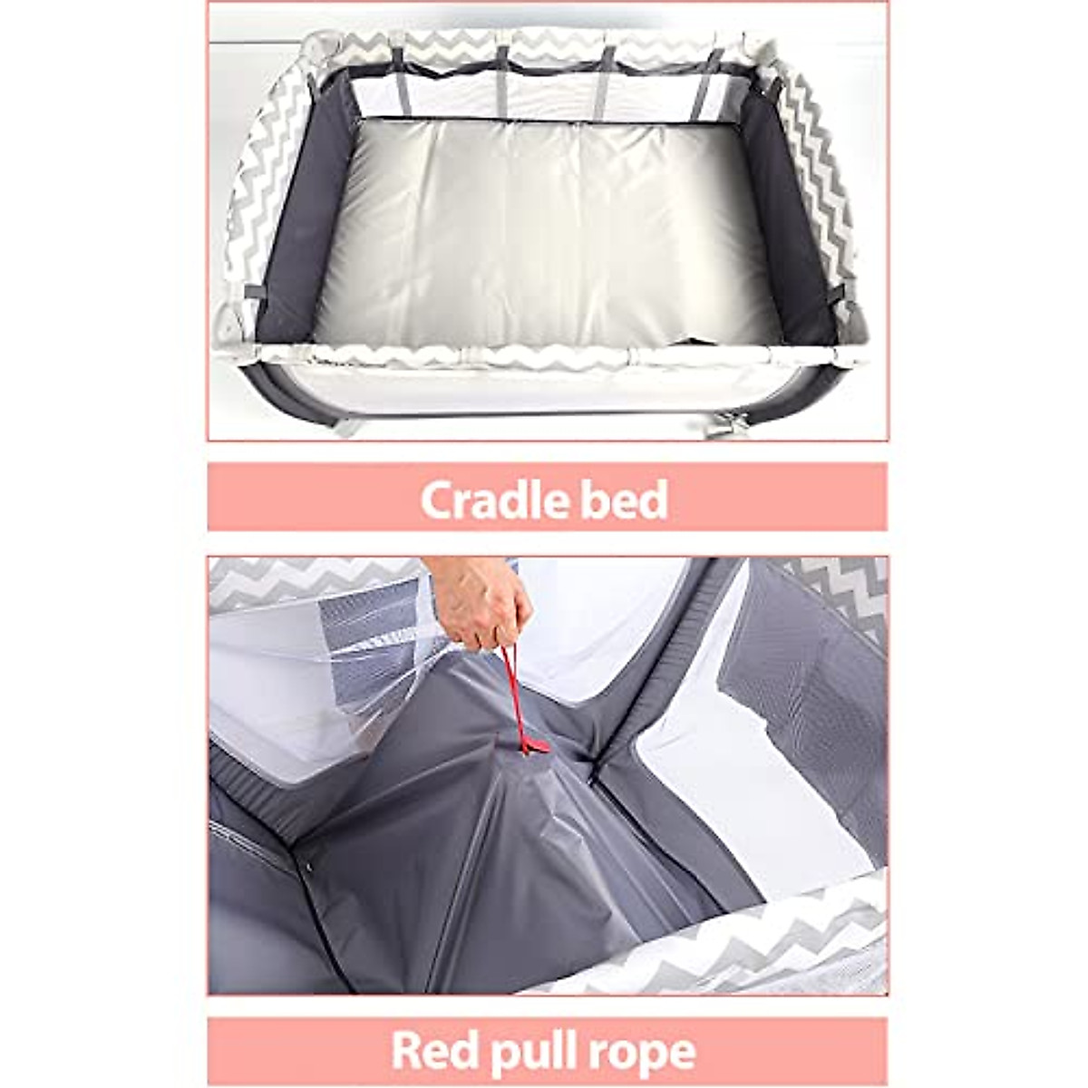 SoQte Foldable Luxury Nursery Baby Center, Multi Functional Movable Bed with Removable Diaper Table, Bed Net, Lovely Toys, Storage Bag, Portable Travel Crib with Wheels