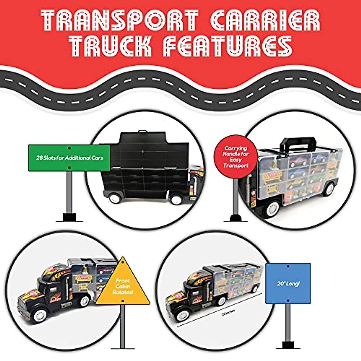 Toy Truck Transport Car Carrier Toy for Boys and Girls Age 3-10 yrs Old - Hauler Truck Includes 6 Toy Cars and Accessories - Car Truck Fits 28 Car Slots - Ideal Gift for Kids