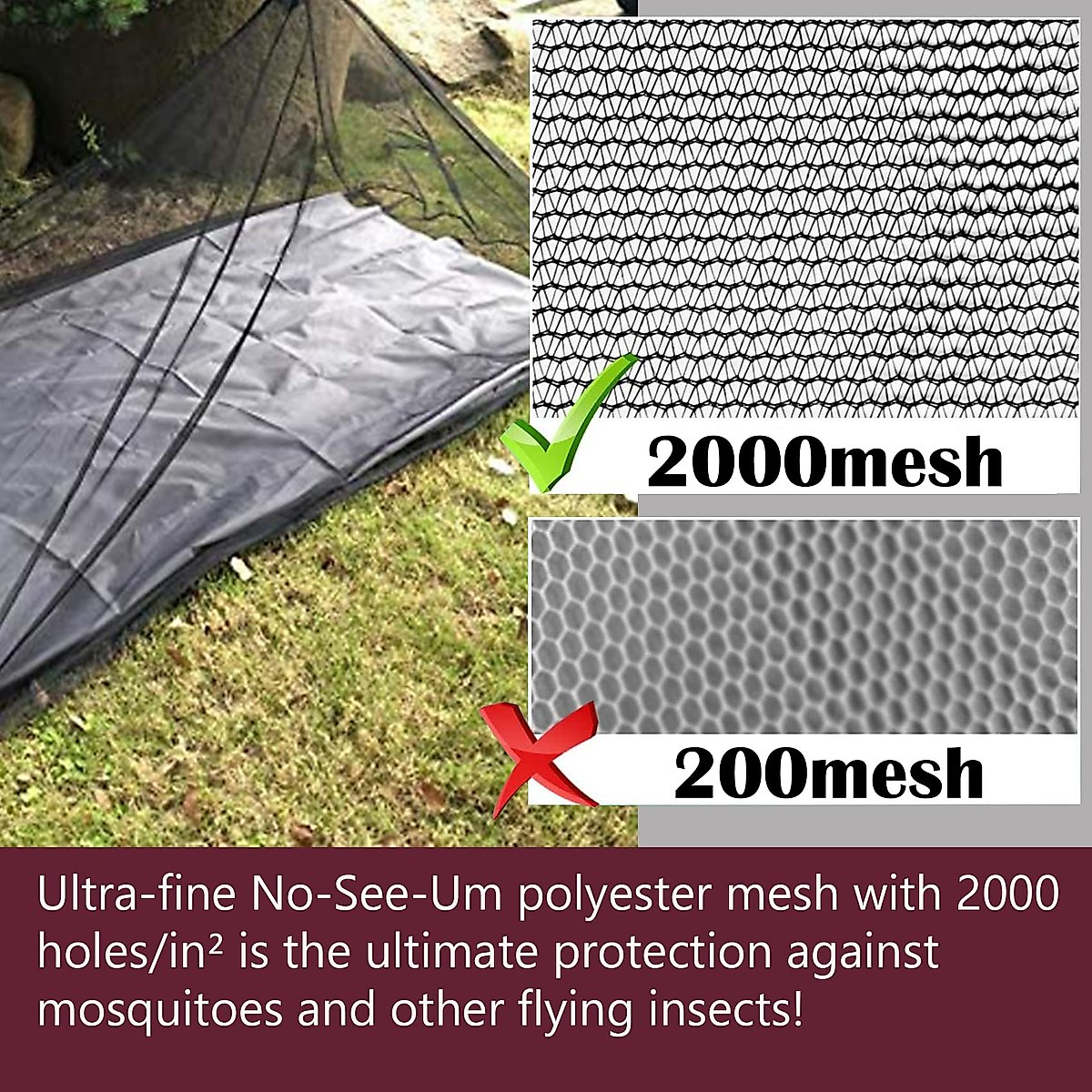 No-See-Um Camping Mosquito Net Bed Compact and Ultra-Light for Travel，Finest Holes Mesh 2000 Noseeum Netting for Camping and Hiking, Without Sleeping Mat (Single Light Grey Color，M)