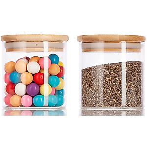 JUVITUS 8 oz Clear Glass Jar with Wooden Bamboo Silicone Sealed Lid (2 Pack)