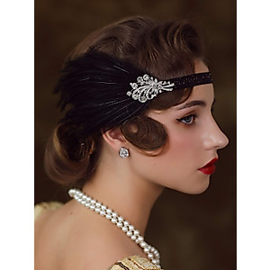 SWEETV 1920s Flapper Headband, Feather Great Gatsby Headpiece, Roaring 20s Vintage Hair Accessories, Black