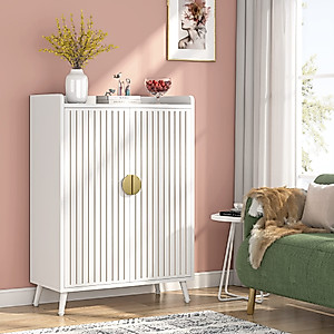 Shoe Cabinet with Doors, Shoe Storage Cabinet with Adjustable Shelves,Wooden Shoe Storage Organizer for Entryway, Living Room,Hallway, Closet, White&Gold