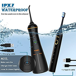 【2 in 1】 Water Dental Flosser and Ultrasonic Electric Toothbrush for Teeth, 300ML Oral Irrigator, 6 Tips, 4 Brush Heads, IPX7 Waterproof Waterflosser Flossing Teeth Cleaning Kit for Gums, Braces Care