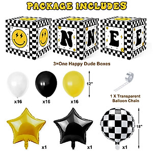 One Happy Dude Balloon Boxes 1st Birthday Party Balloon Blocks Smile Themed Birthday Party Balloon Arch Kit for Boy Party Decor Yellow Black Lightening Checkered Backdrop Favors