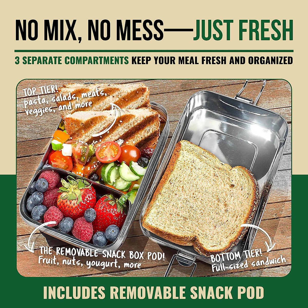 3-in-1 Stainless Steel Bento Box For Kids & Adults with Snack Pod - Holds 6 Cups of Food, 100% Crack-Resistant, Secure Locks, Eco-friendly Metal Lunch Container