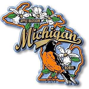 Michigan State Bird and Flower Map Magnet by Classic Magnets, 3" x 3", Collectible Souvenirs Made in The USA
