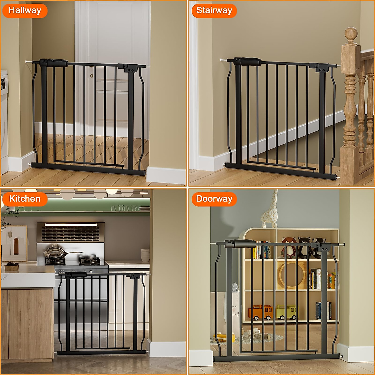 HOOOEN Narrow Baby Gates for Stairs Doorways Auto Close Tension Black Metal Child Pet Safety Gates with Pressure Mount 24-29 Inch Wide