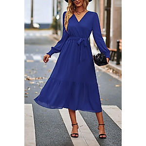 PRETTYGARDEN Women's Floral Print Boho Dress Long Sleeve Wrap V Neck Ruffle Belted A-Line Flowy Maxi Dresses (Solid Blue,Large)