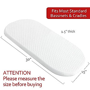 Baby Bassinet Mattress Topper with Waterproof Bamboo Cover 15" x 30" x 1.5", Breathable Oval Bassinet Mattress Pad Ultra Soft, for Moses Basket, Fit Many Cradle Brand and Style