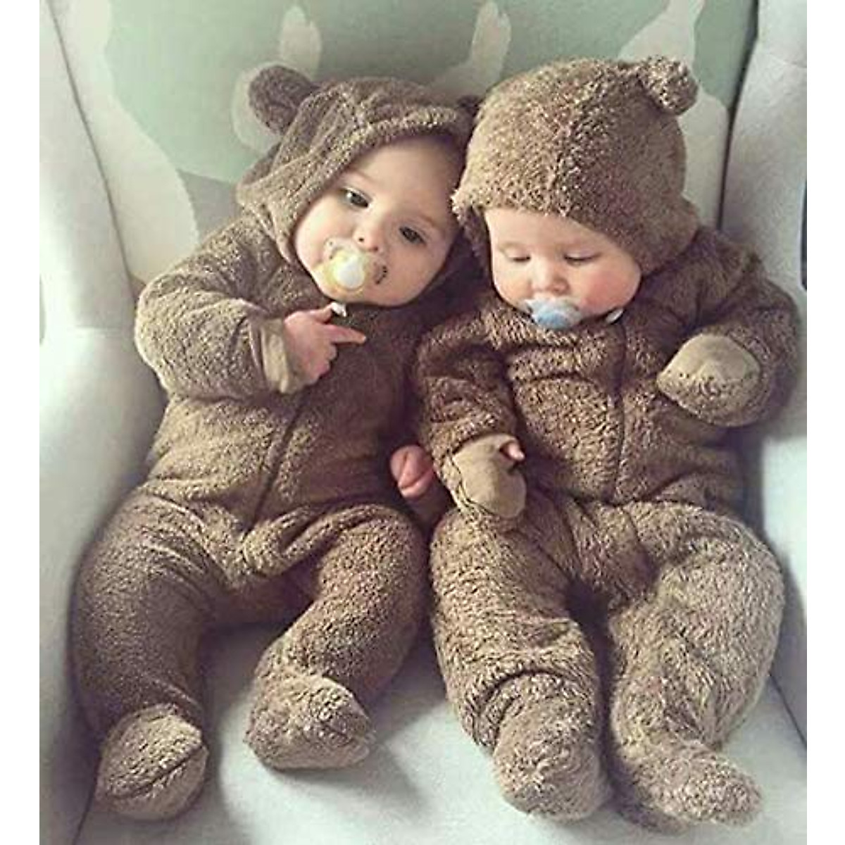 LXXIASHI Newborn Infant Unisex Baby Thicken Fleece Coveralls Romper Hooded Footies Bunting Snowsuit Outfit (Brown, 12-18 Months (New)