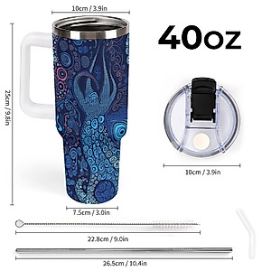 LLUTSNTH 40 Oz Vacuum Tumbler with White Handle Leakproof Insulated Tumbler Blue Octopus Stainless Steel Travel Mug with Lid And Straw Coffee Cup Cute Water Bottles Cup Holder Friendly