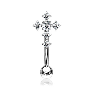 Forbidden Body Jewelry 16g 8mm Curved Barbell for Daith, Eyebrow, Rook & Belly Button with CZ Cross Top, Silver Tone