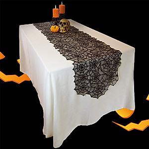 Orgrimmar 35 PCS Halloween Decorations Set Include Lace Spider Web Table Runner, Round Lace Table Cover, Fireplace Scarf Cover and 32 Pieces 3D Bats Wall Sticker Decal