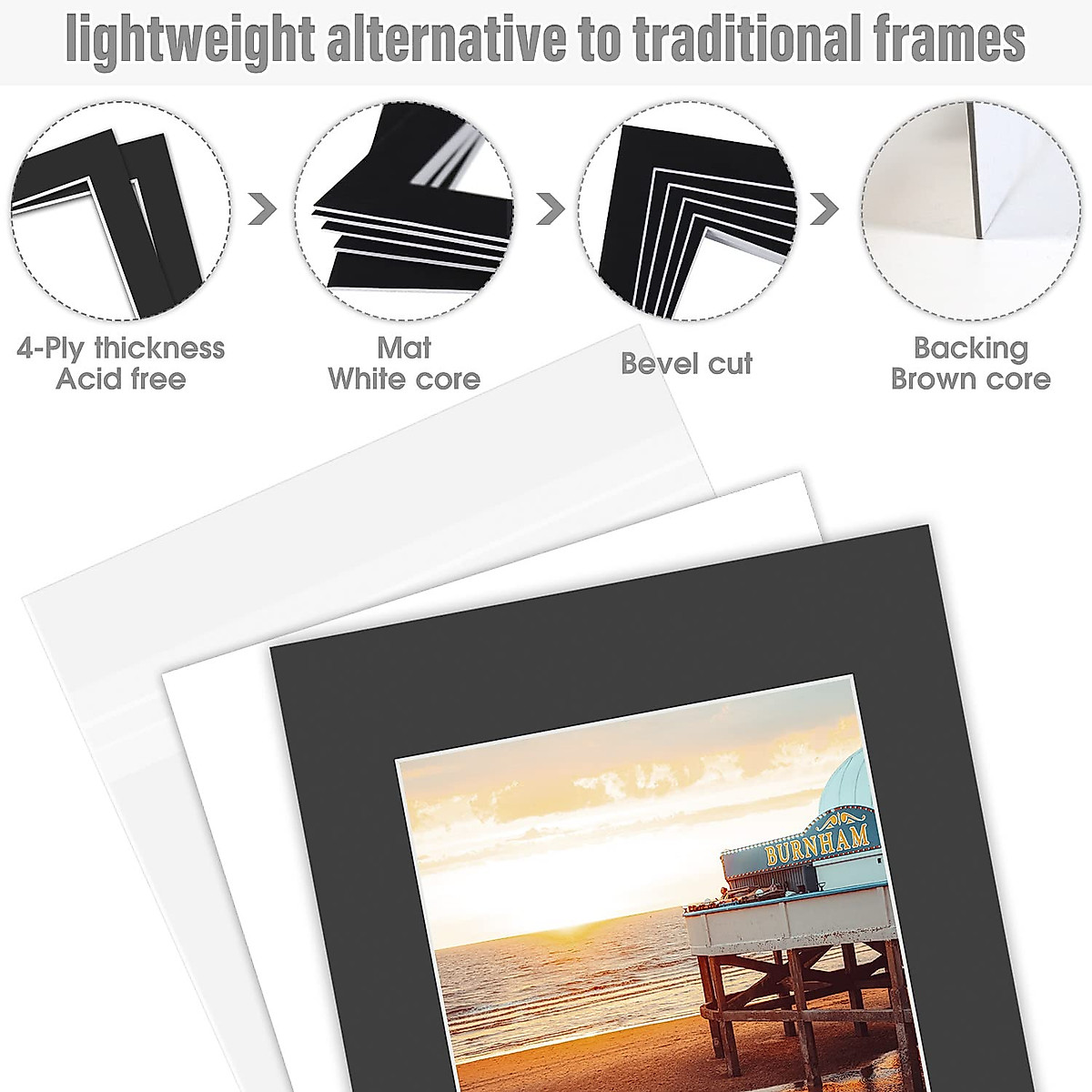 Golden State Art, Pack of 50 Black Pre-Cut 11x14 Picture Mat for 8x10 Photo with White Core Bevel Cut Mattes Sets. Includes 50 Acid-Free Bevel Cut Mats & 50 Backing Board & 50 Clear Bags
