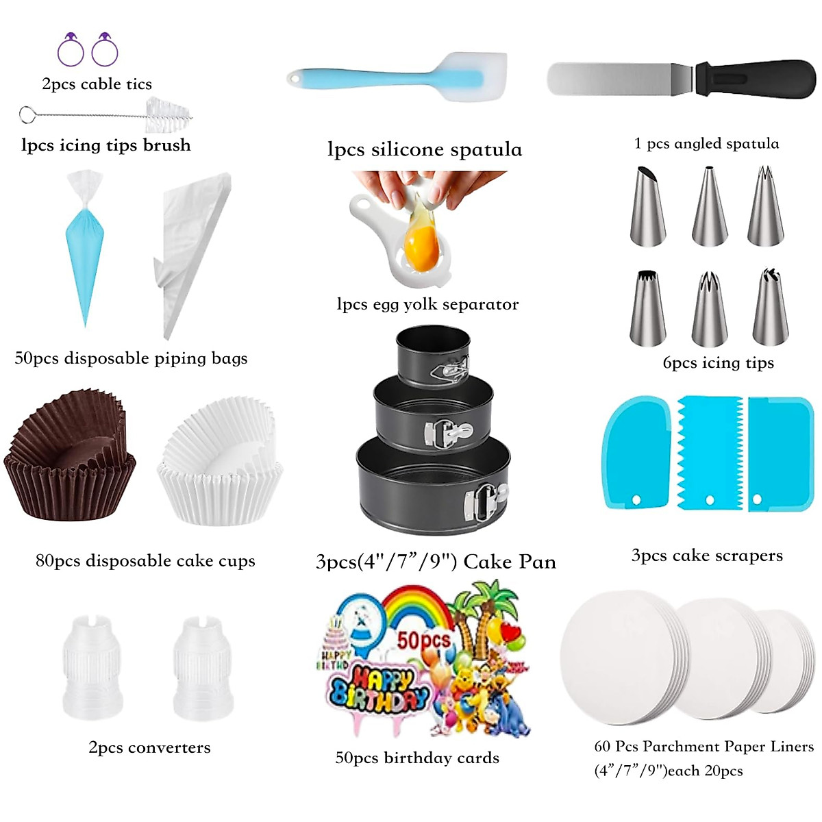 RUISENLAI 260pcs Cake Pan Set for Baking + Cake Decorating Supplies: 3 Round Non Stick Springform Pan Set (4, 7, 9 inches), Icing Tips, disposable piping bags – with 60 Pcs Parchment Paper Liners