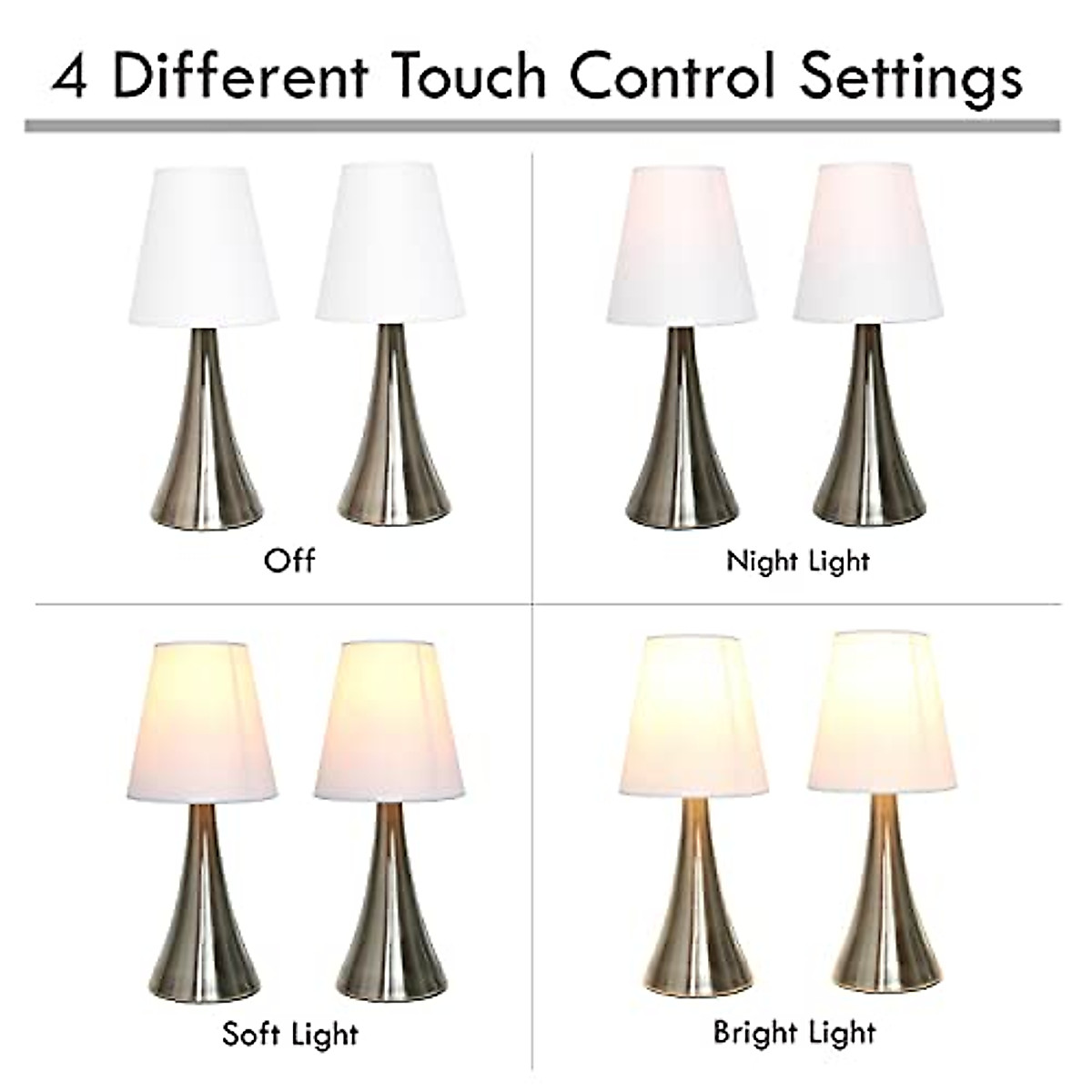 Simple Designs LT2014-WHT-2PK 12" Valencia 2 Pack Contemporary 4 Settings Touch Metal Mini Tapered Table Lamp Set with Fabric Shades for Home Décor, Nightstand, End Table, Bedroom, Living Room, Office, Foyer, Brushed Nickel and White