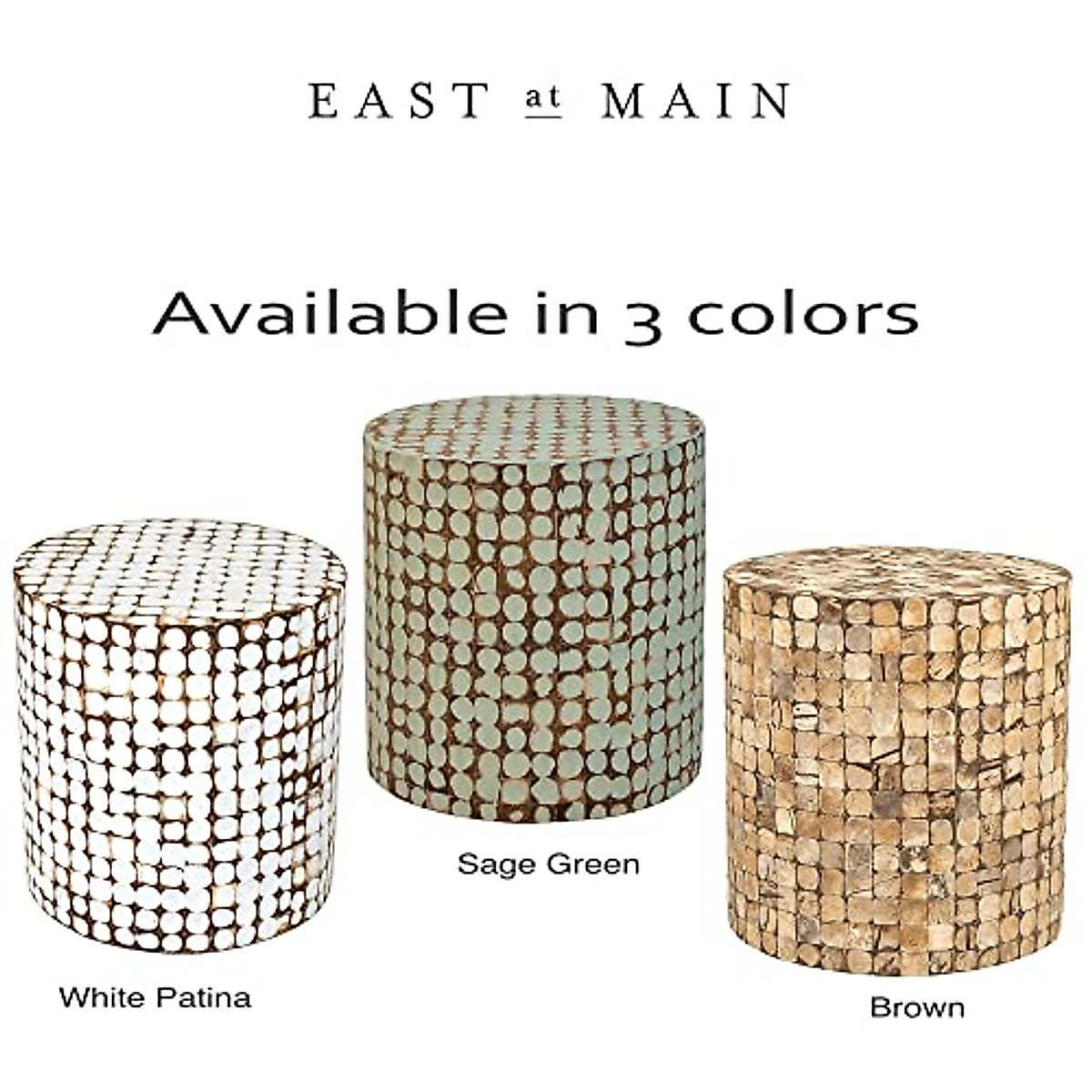 East at Main Round Side Table - 16”Dia x 16.5” h Living Room, Entryway, Small Spaces, Bedside Tables - Real Coconut Shell Mosaic Inlaid, Pre-Assembled, Natural and Sage Green Patina Finish