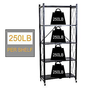Muichi Folding Shelf 4-Tier, Foldable Shelves with Wheels, Heavy Duty Shelving Unit, Sturdy Metal Shelf Storage Organizer Rack for Kitchen, Garage, Home, Office, Garden (White)