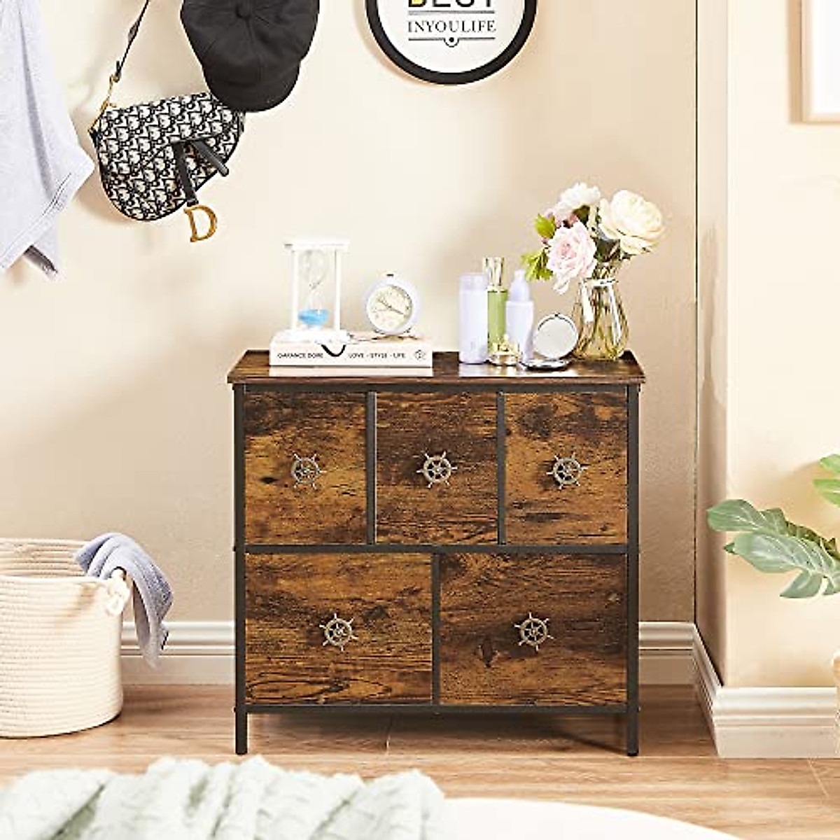 VECELO Bedroom with 5 Chest of Drawers for Living Room, Nursery, Entryway, Fabric Furniture Clothes Storage Tower with Steel, Wood Top, Small Dresser, Brown