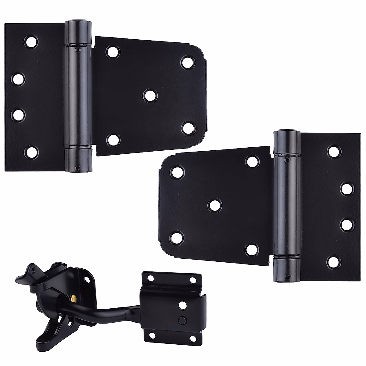 Self-Closing Gate Hardware Kit,1 Pack Self-locking Gate Latch and 2 Pack 3.5inch Heavy Duty Adjustable Spring Gate Square Barn Hinges,Black Finish Gate Hardware Set for Wood Vinyl Fence Gate Shed Door