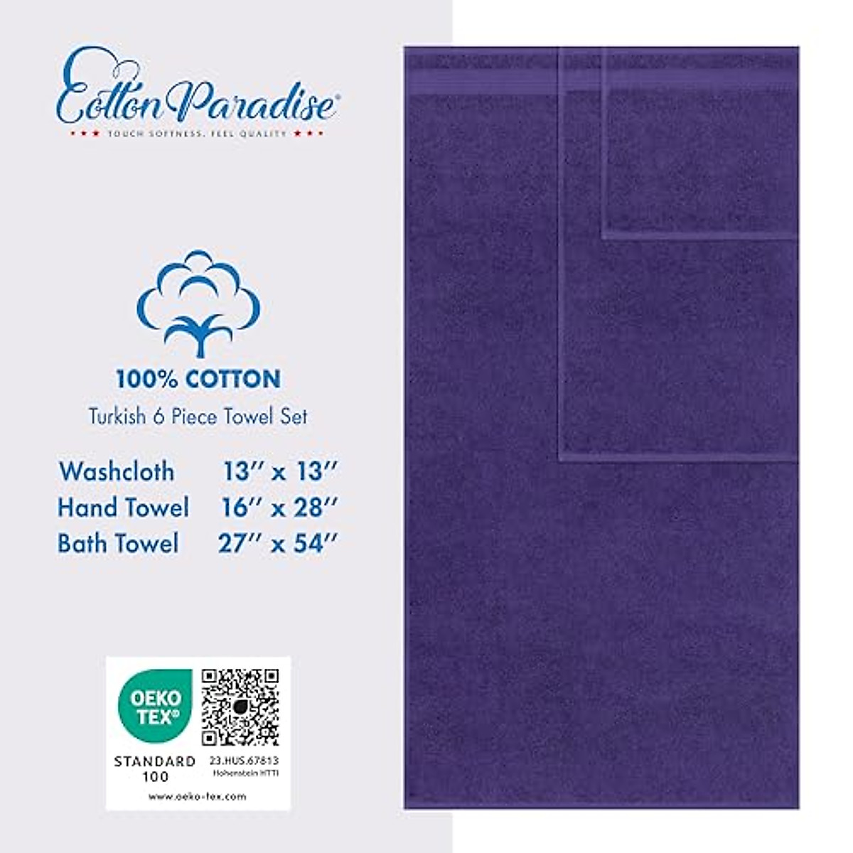 Cotton Paradise 6 Piece Towel Set, 100% Cotton Soft Absorbent Turkish Towels for Bathroom, 2 Bath Towels 2 Hand Towels 2 Washcloths, Purple Towel Set