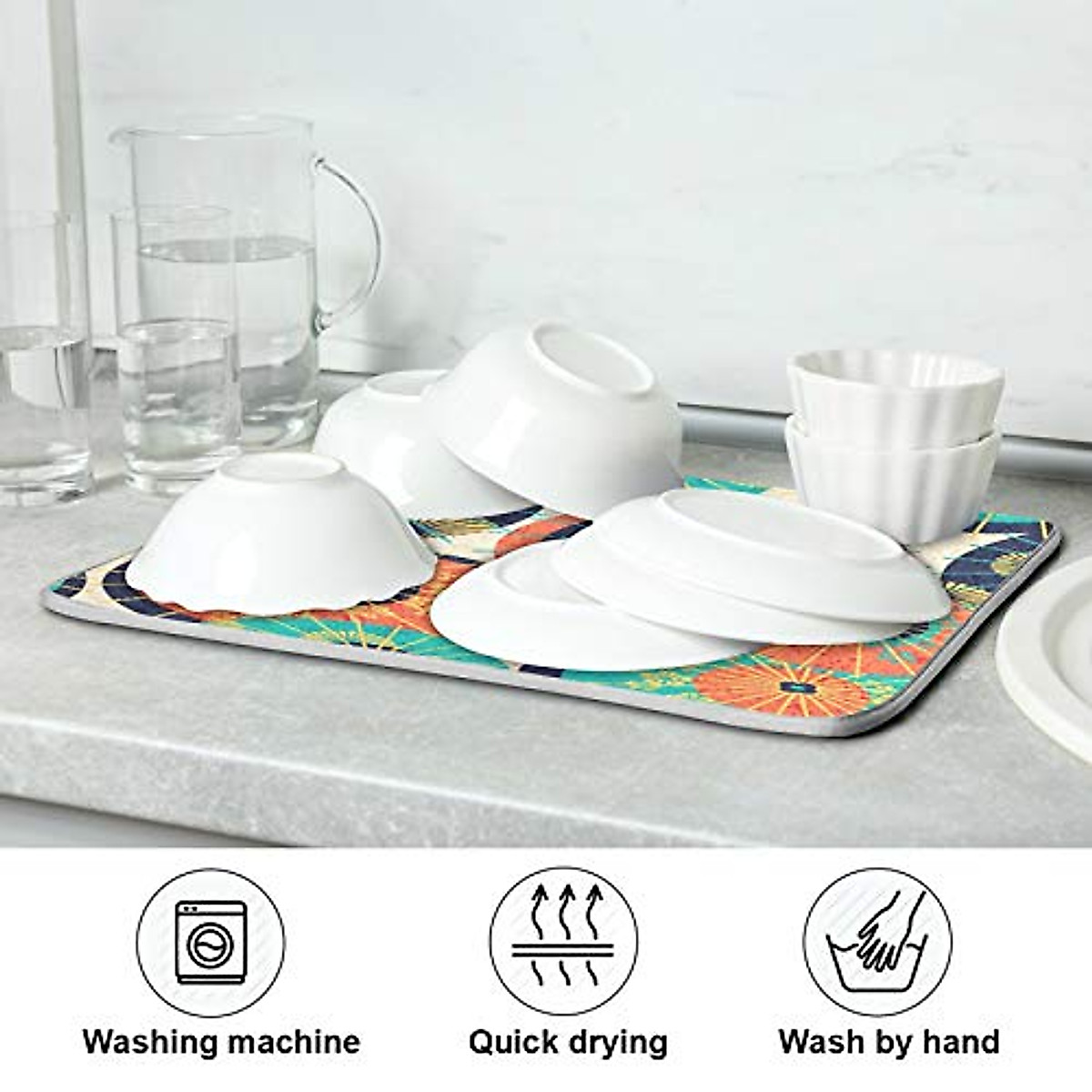 Japanese Theme Umbrella Dish Drying Mat 24"x18" Absorbent Machine Washable Hanging Fast Dry Pad Dish Protective Mat for Kitchen Countertop Heat Resistant Dinner Table Mat