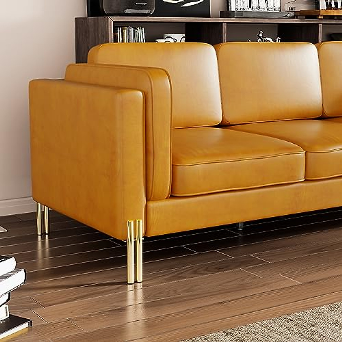 Goohome 94.88" Large PU Faux Leather Sofa, Mid-Century Modern Comfort Breathable Upholstered 3-Seater Sofá with Gold Metal feet and Removable Cushions, for Living Room Furniture Apartment, E-Brown a