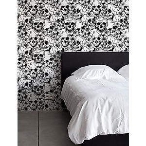 HAOKHOME Halloween Peel and Stick Wallpaper Sugar Skull Floral for Bedroom Black/White Removable Accent Wall Decorations 17.7in x 32.8ft