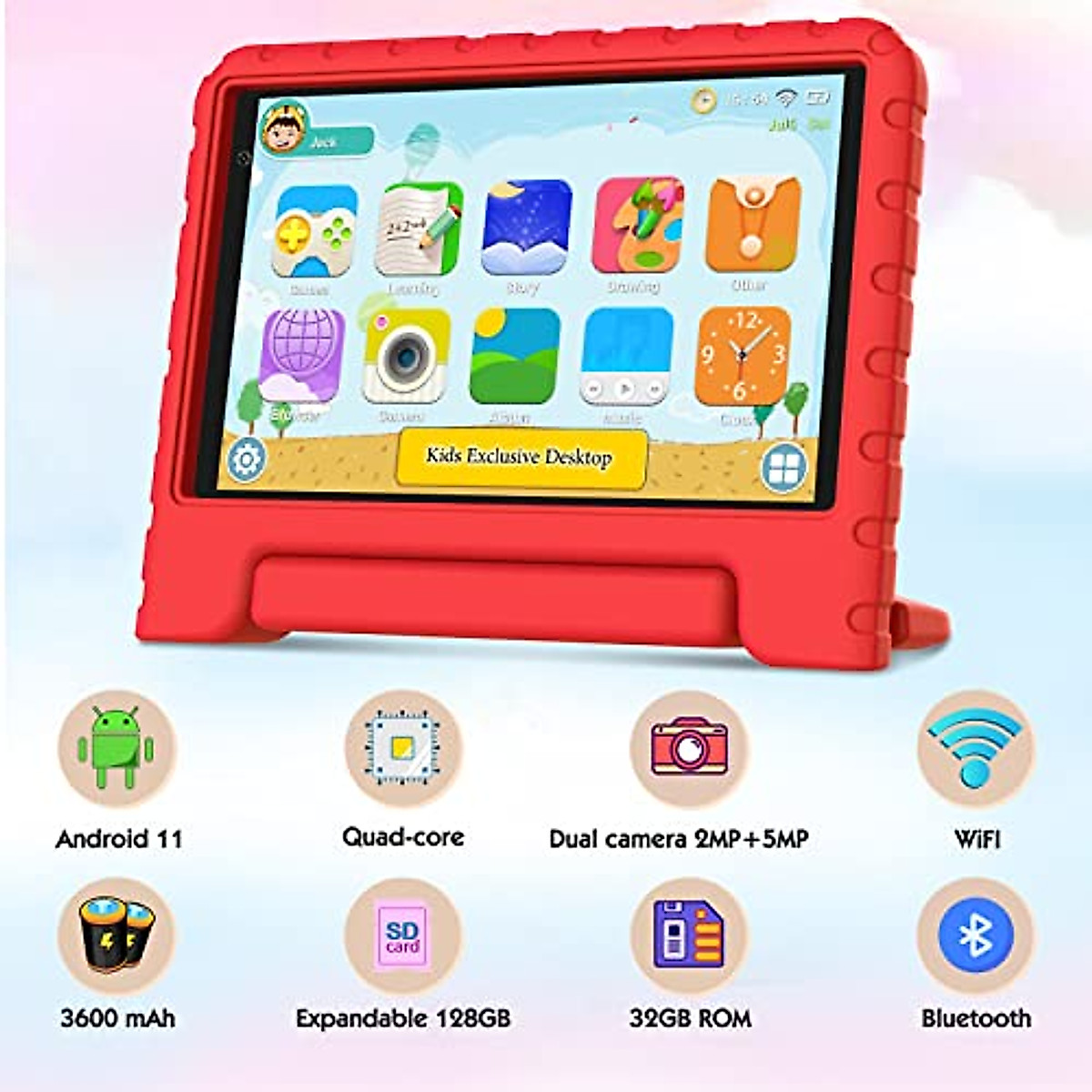YESTEL 2023 Kids Tablet 8" Tablet for Kids Android 11 HD Toddler Tablets, Pre-Installed Parental Control, 2GB RAM 32GB ROM 128GB Extended Memory, Quad-Core, 3600mAh, WiFi, GMS, Kid-Proof Case—Red