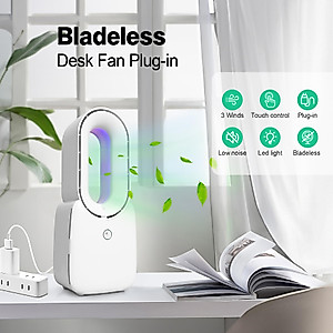 CONBOLA Desk Fan, Bladeless Fan 11.8 inch Small Personal Cooling Fan with 5 Colors LED Light, Touch Control, Quiet Table Fan for Bedroom, Home, Office