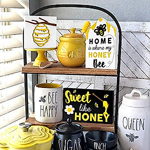 Huray Rayho Bee Wooden Sign Tiered Tray Decor Set of 3, 3D Raised Letter Laser Cutting Bumble Bee Wood Block Spring Summer Farmhouse Home Kitchen Decor Self-Standing Display for Tray, Mantel, Shelf