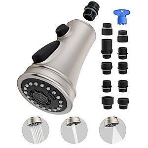 Hygie Rinse Pull Down Faucet Head Replacement with 11 Adapters Compatible with Moen Delta Kohler Curve Faucet Head, 3 Function Kitchen Sink Faucet Sprayer Head Fit Most Faucet, Brushed Nickel