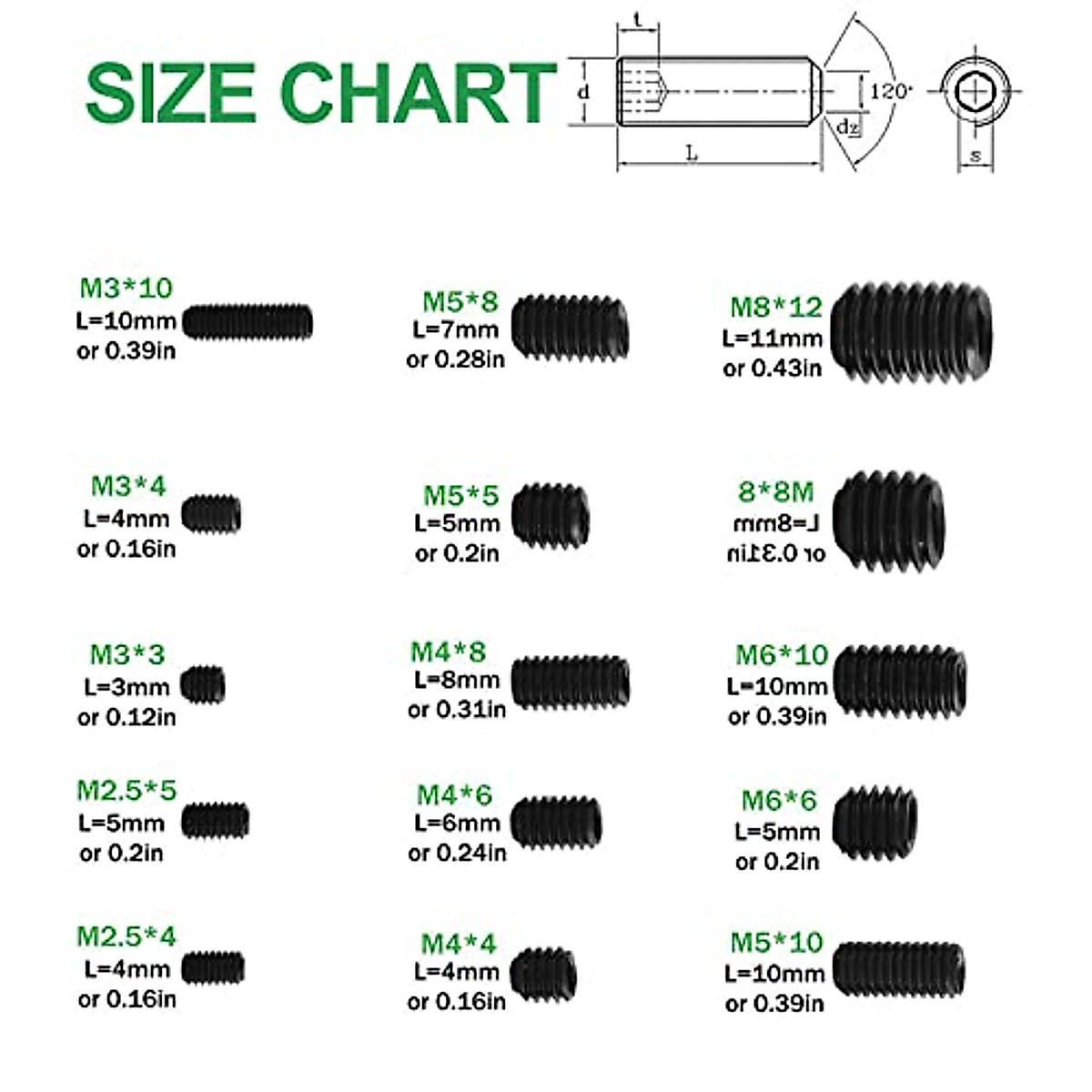 FOLIV Set Screws - 300Pcs Hex Allen Head Socket Set Screw Assortment Kit - M2.5/M3/M4/M5/M6/M8 Grub Screw with Internal Hex Drive (Black)