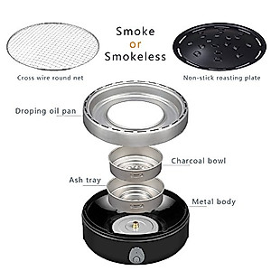 Portable Charcoal Outdoor BBQ Grill For Camping With Travel Bag - Small Tabletop Smoke ＆ Smokeless Pan Optional - Built In Electric Fan Power Supplied By Battery Charger Or Power Bank. (Luxury Black)